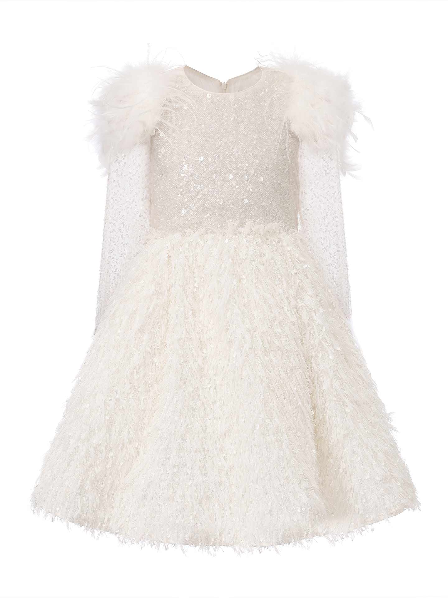 White Sequin Flower Girl Dress with Feather