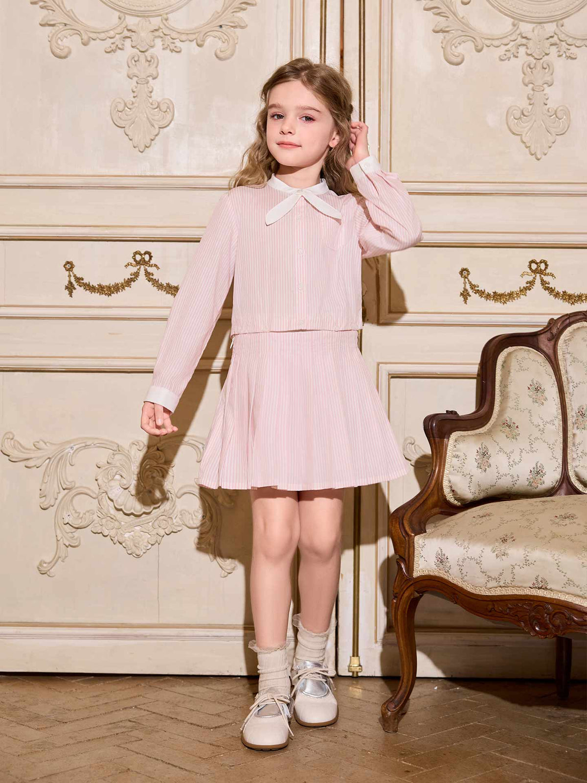 Girls Pink Striped Pleated Shirt Dress